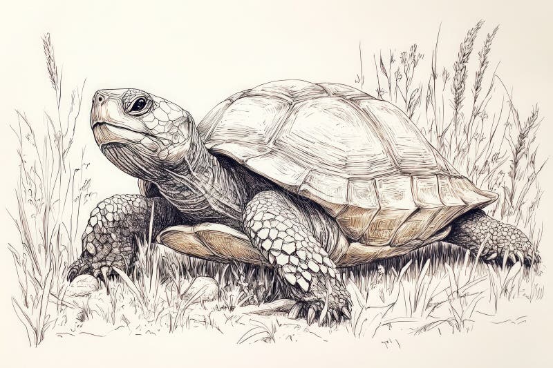 A Detailed Hand-drawn Illustration of a Box Turtle in a Natural Setting ...