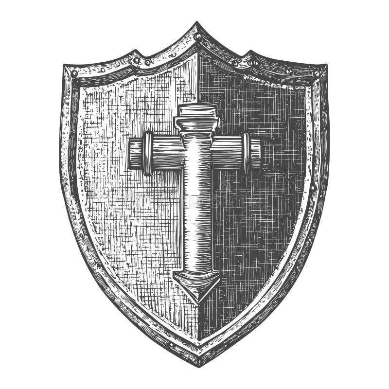 Medieval Wooden Shield with Cross: Hand-drawn Illustration Stock Vector ...