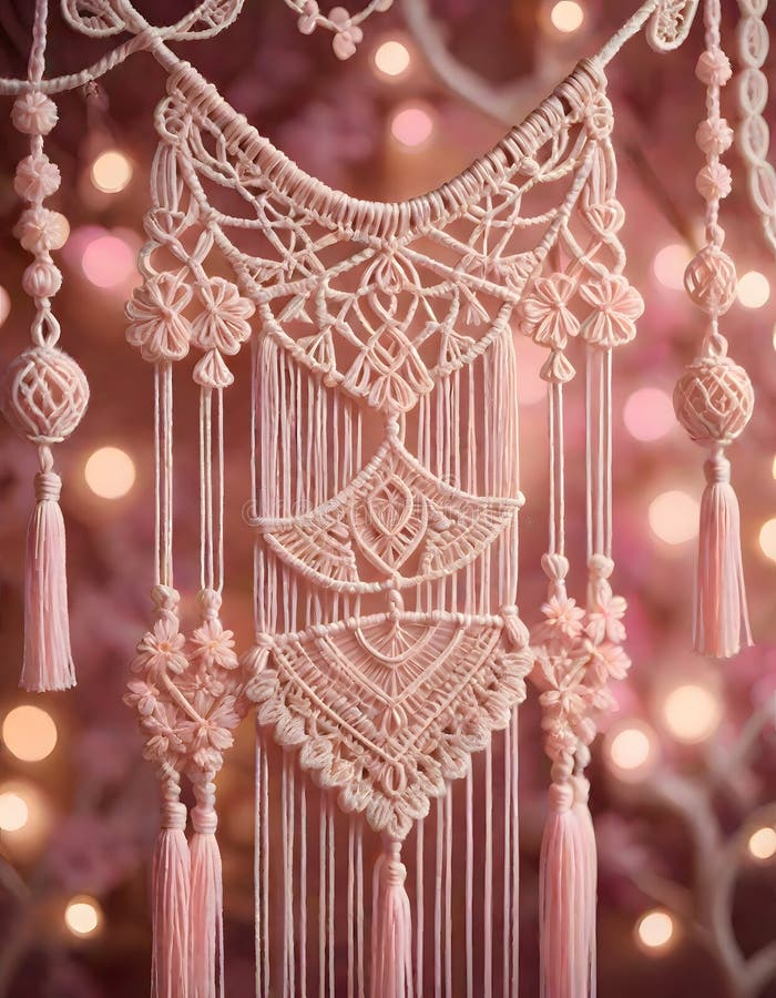Detailed Handcrafted Pink Macrame Against a Wall, Creating a Warm ...