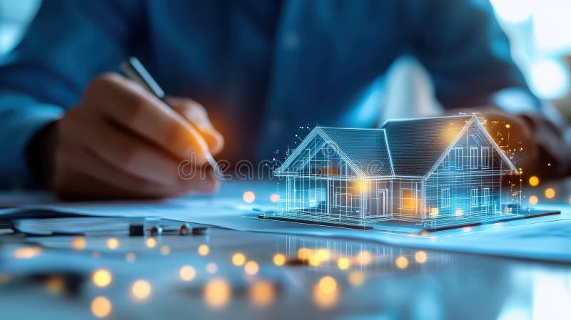 Detailed House Drawing, Person Sketching Architectural Design at Table ...