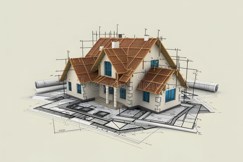 Detailed 3D House Model on Blueprints with Exposed Construction Layers ...