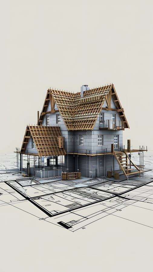 Detailed House Model on Blueprints Displaying Construction Layers and ...