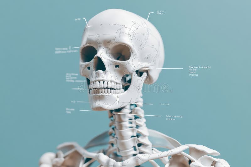Detailed Human Skeleton Model Showing Anatomical Features and Labels ...