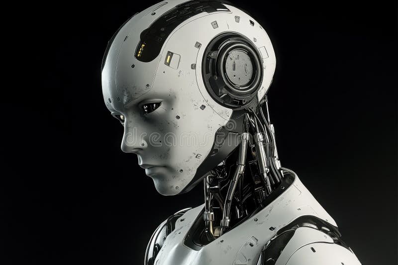 Realistic Humanoid Robot Head with Intricate Design in a Dark Setting ...