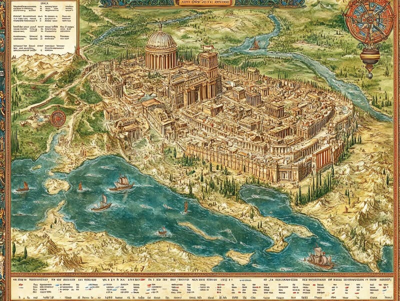 A Detailed, Illustrated Map of an Ancient City with a Large Central ...