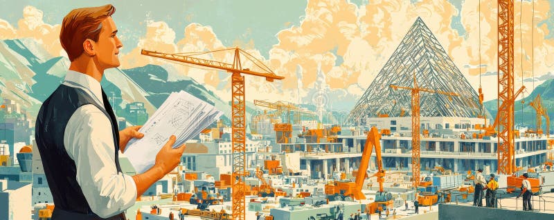 Architect Observing a Vibrant Construction Site with Cranes and ...