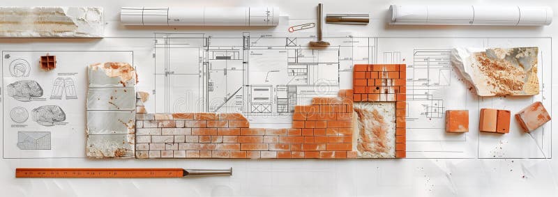 A Detailed Illustration of Architectural Blueprints and Construction Tools, with Bricks Arranged ...