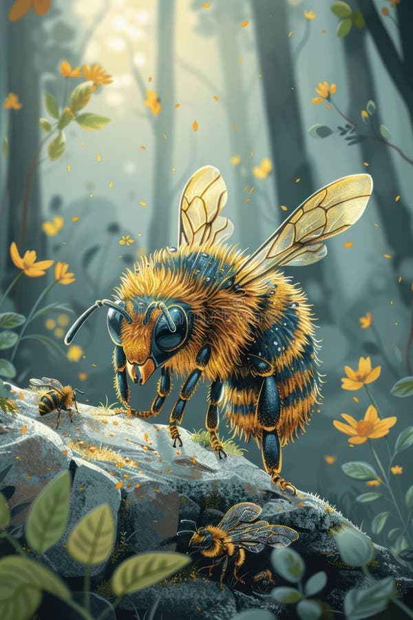 Majestic Bumble Bee in Forest, Close-up View Stock Illustration ...