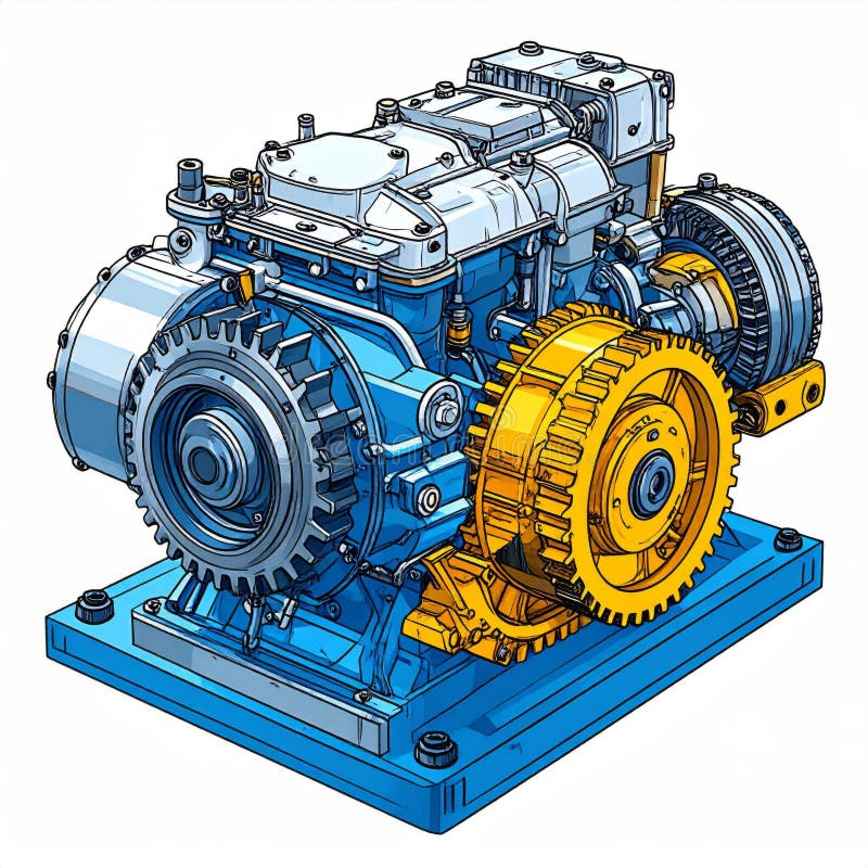 Detailed Illustration of a Blue and Yellow Engine with Gears Stock ...