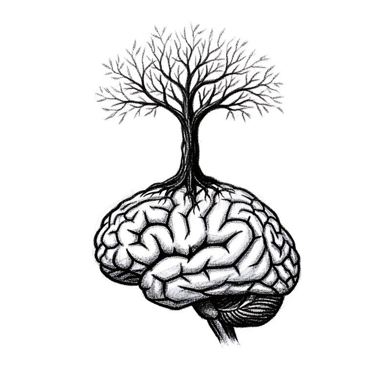 A Drawing of a Human Brain with Tree Roots and Branches Extending ...