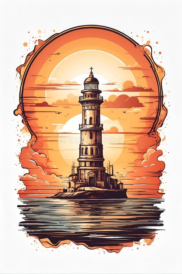 Drawing of a Lighthouse with a Sunset Background. Generative AI. Stock ...