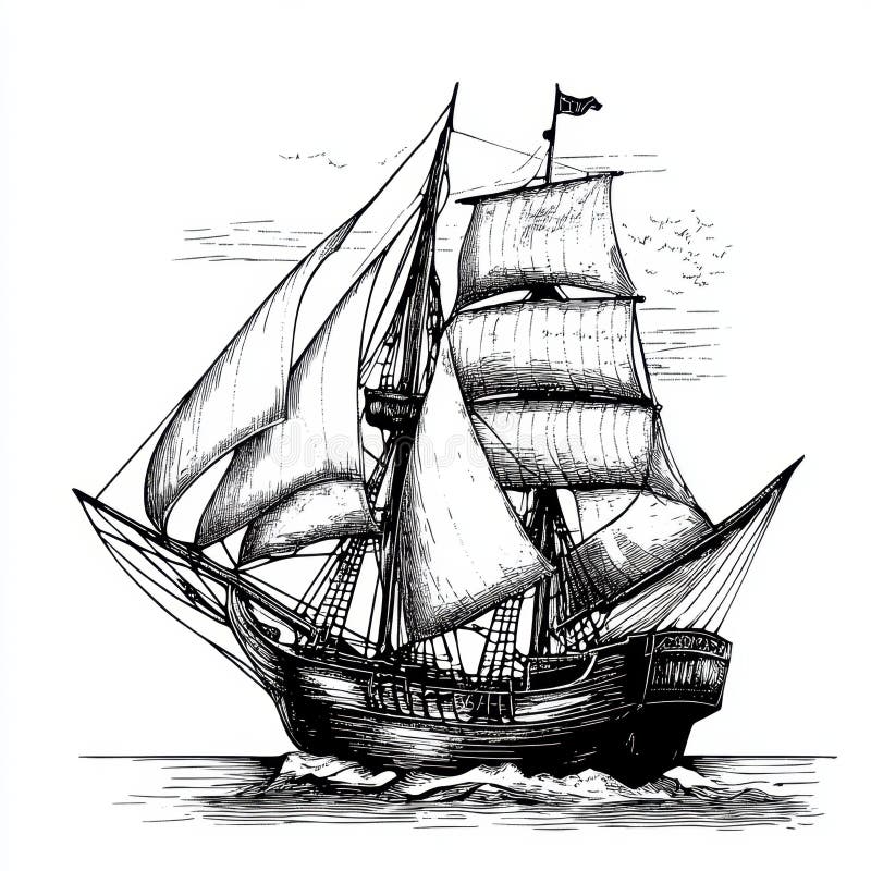 Detailed Illustration of a Classic Sailing Ship at Sea Stock ...