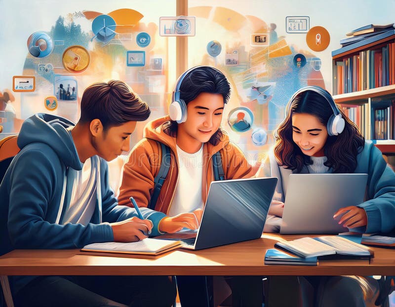Illustrative Concept of Students Studying Online Stock Illustration ...