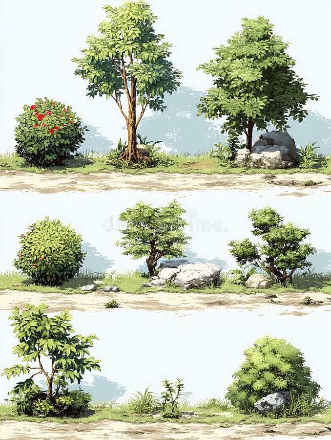 A Detailed Illustration Depicting Various Types of Trees and Shrubs ...