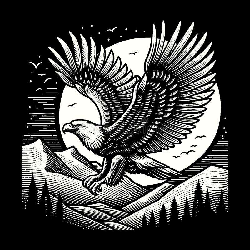 Majestic Eagle Soaring Above Mountain Landscape Under Moon Stock Vector - Illustration of ...