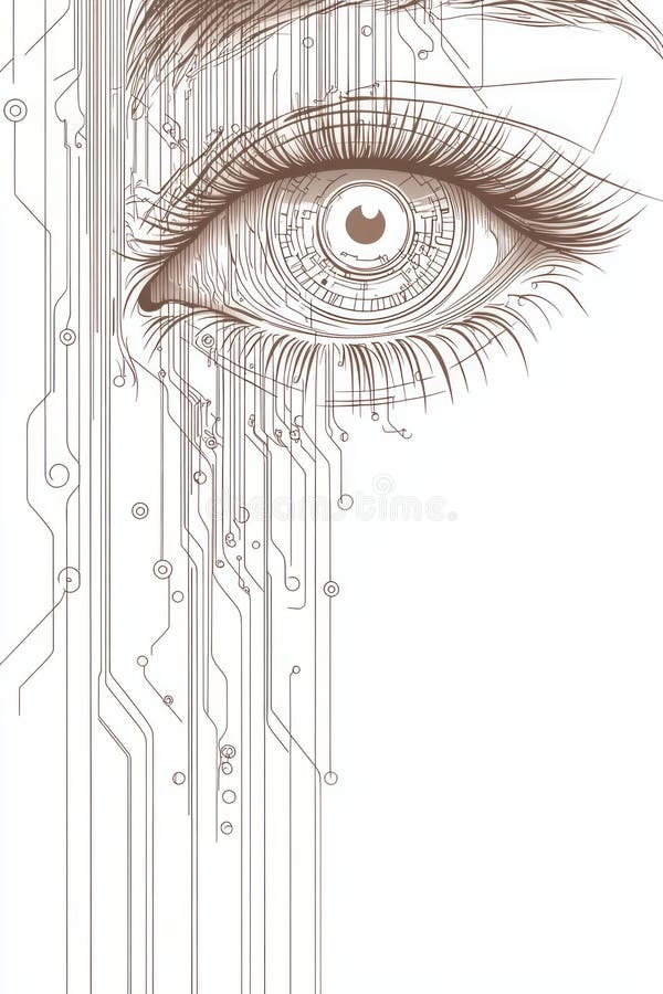 A Detailed Illustration of an Eye with Complex Circuit Patterns Merging ...
