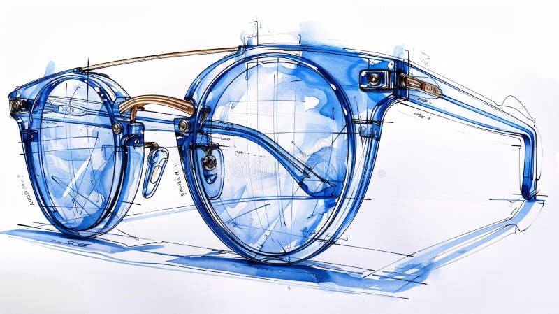 Detailed Illustration of Eyeglasses in a Blueprint Style, Emphasizing ...