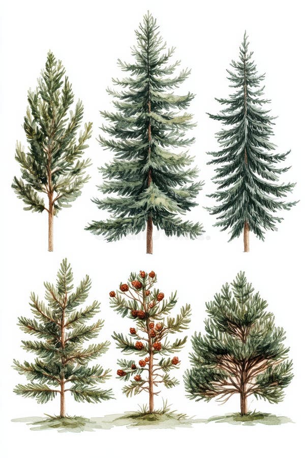 Illustration of Five Diverse Pine Trees Showcasing Varying Forms and ...