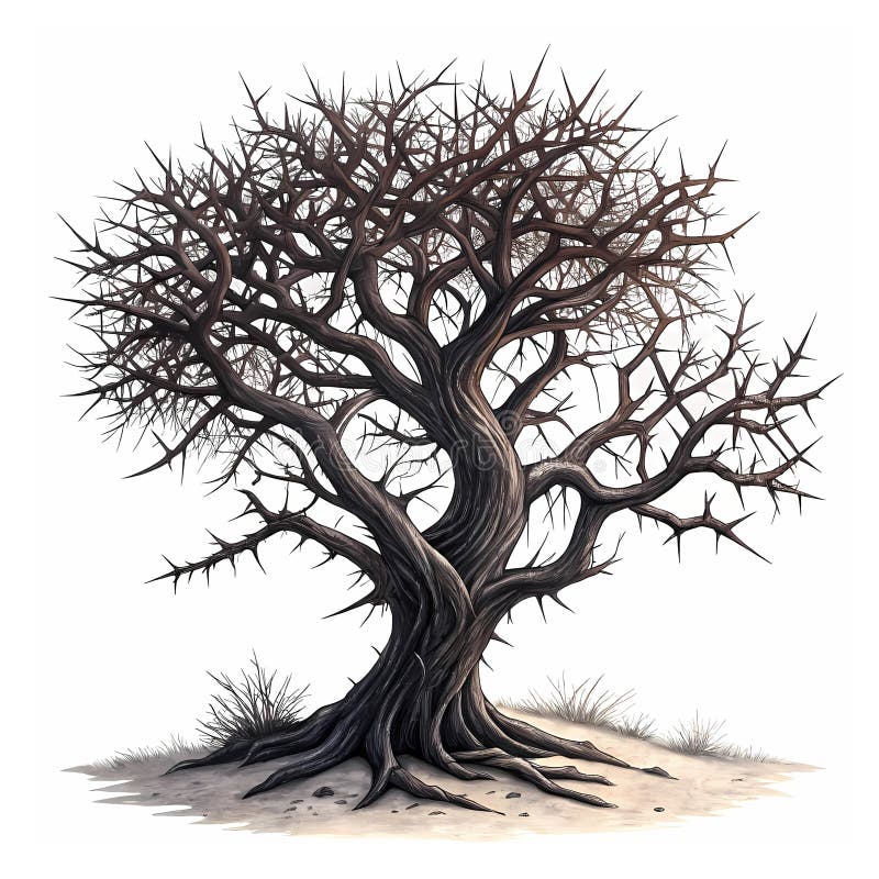 Intricate Illustration of a Leafless Thorny Tree in Winter Stock ...