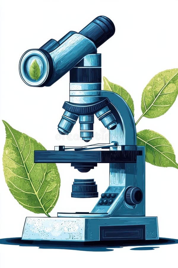 Illustration of a Microscope with Green Leaves Symbolizing Organic ...