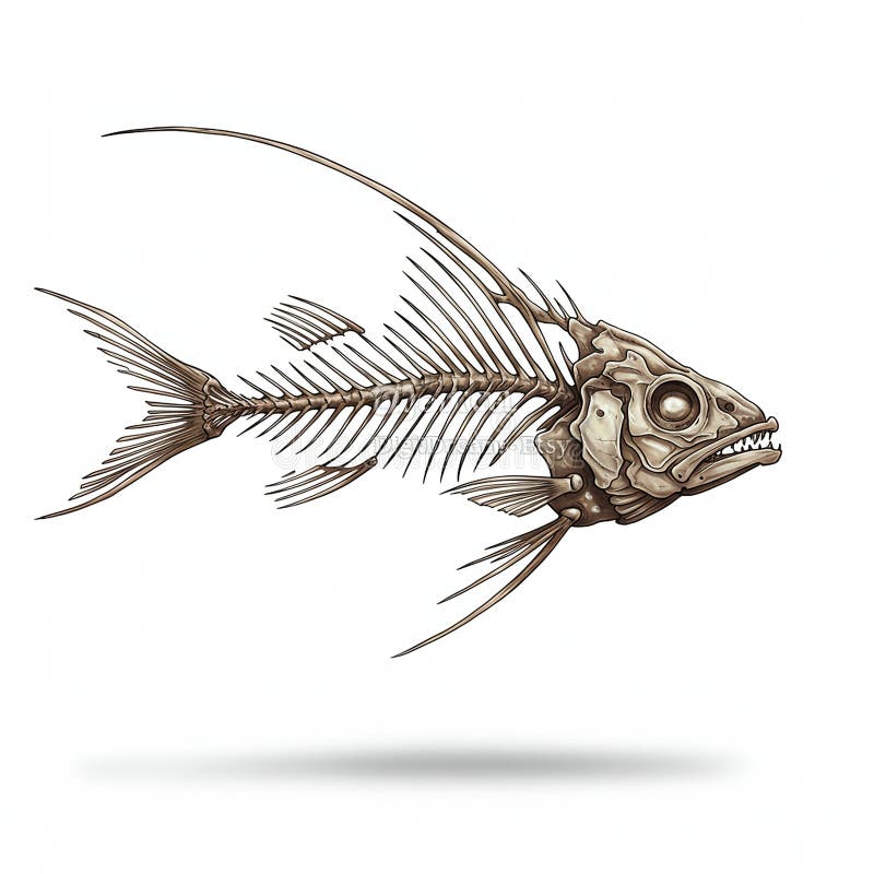 Detailed Illustration of a Fish Skeleton on a White Background. the ...