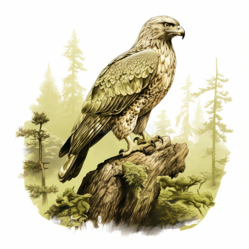 Detailed Hawk Perched on Branch - Eye-catching Zbrush Outline Art Stock ...