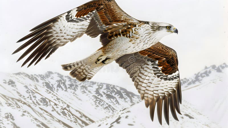 A Detailed Illustration of a Hawk Soaring Over Snow-capped Mountains ...