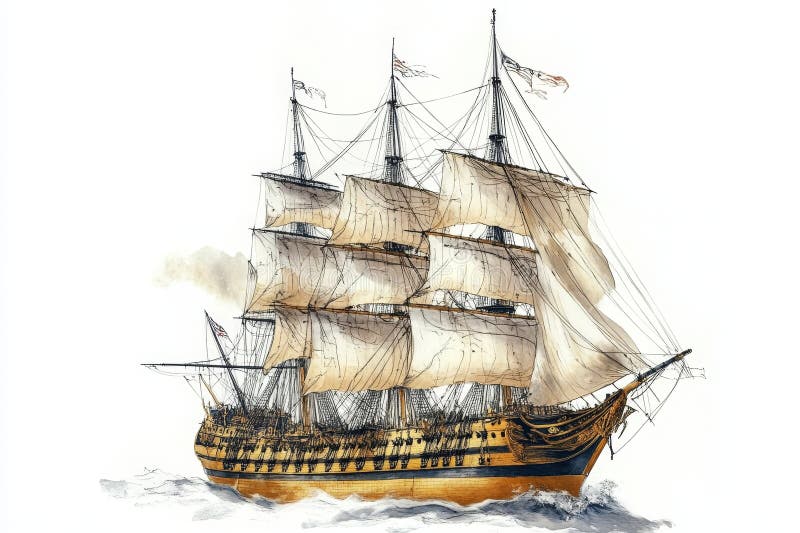 A Detailed Illustration of a Historical Sailing Ship with Multiple ...