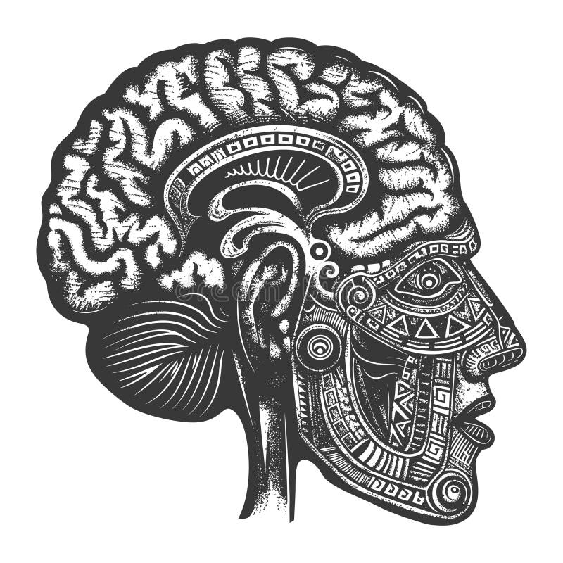 Stylized Human Head with Ornate Brain Design, Intricate Black and White ...