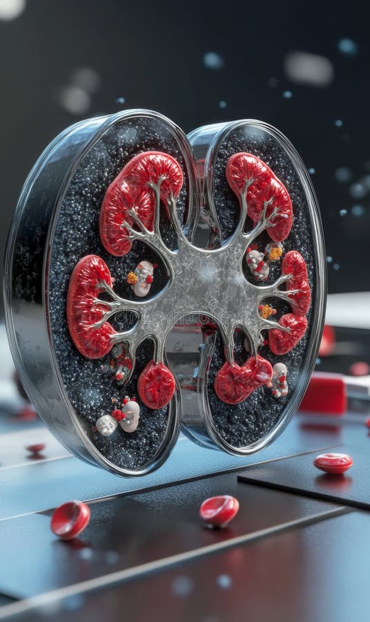 Detailed Illustration of Human Kidney Structure with Blood Cells and ...