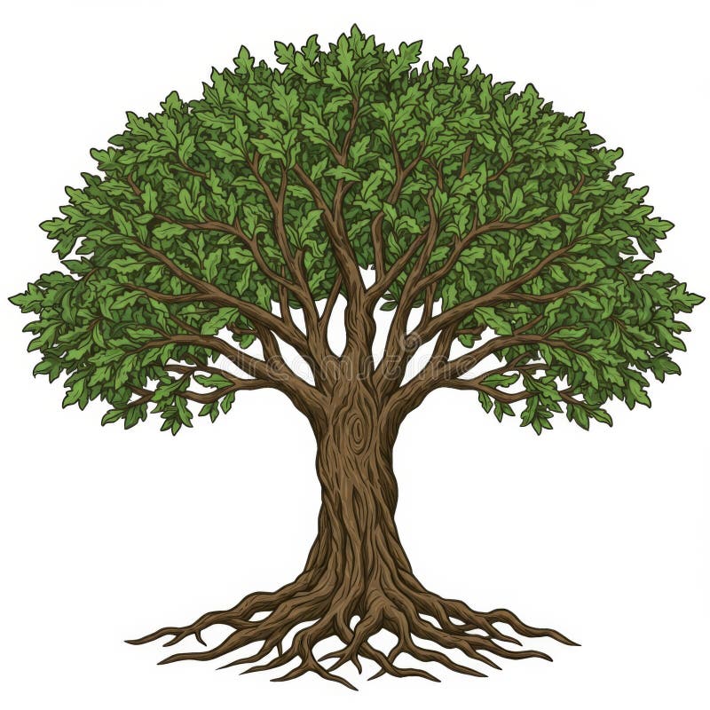 Detailed Illustration of a Large Green Tree with Exposed Roots Stock ...
