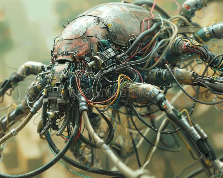 A Detailed Illustration of a Mechanical Bug Entwined in Computer Wires ...