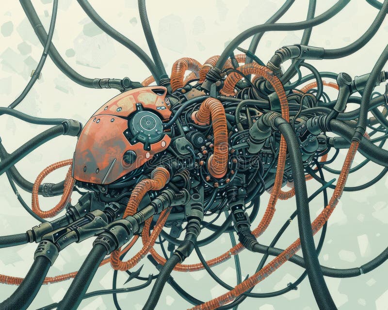 A Detailed Illustration of a Mechanical Bug Entwined in Computer Wires ...