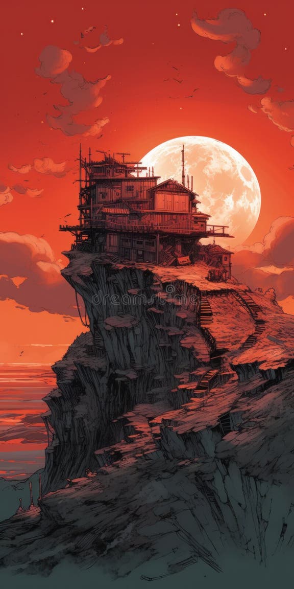 Detailed Illustration of Post-apocalyptic Cliff with Red Sun Setting ...