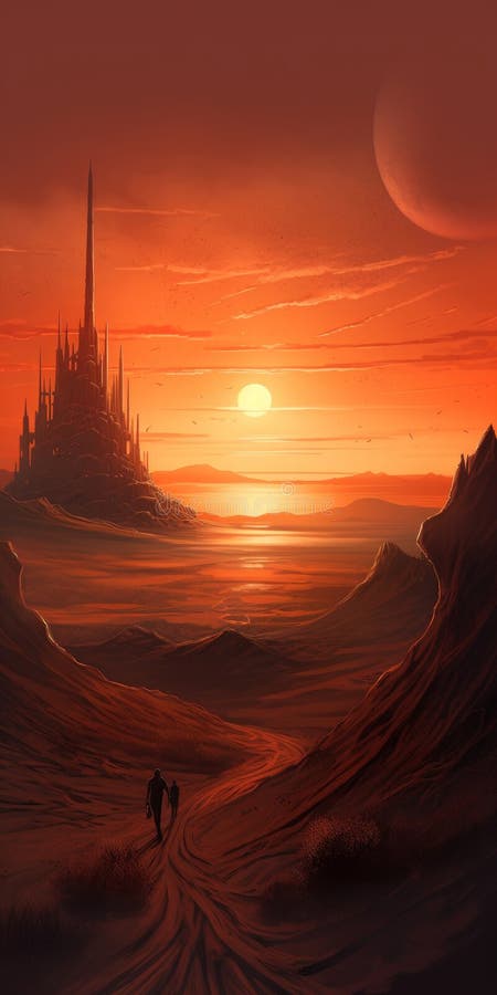 Detailed Illustration of Post-apocalyptic Dune with Red Sun Setting ...