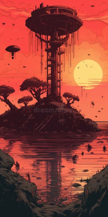 Detailed Illustration of Post-apocalyptic Island with Red Sun Setting ...