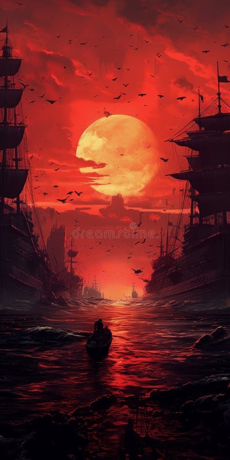 Detailed Illustration of Post-apocalyptic Ocean with Red Sun Setting ...