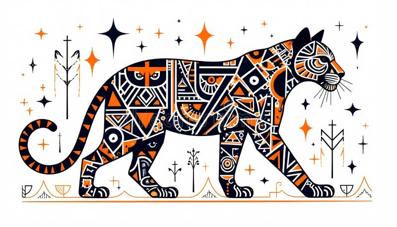 A Detailed Illustration of a Puma with Geometric Patterns, Moving in a ...