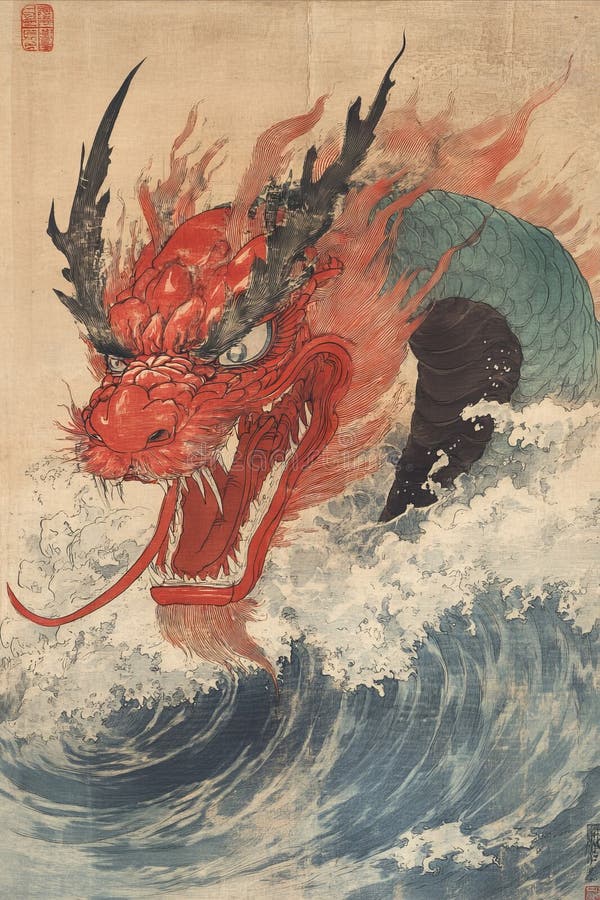 A Detailed Illustration of a Red Dragon Rising from a Blue Wave. Stock ...