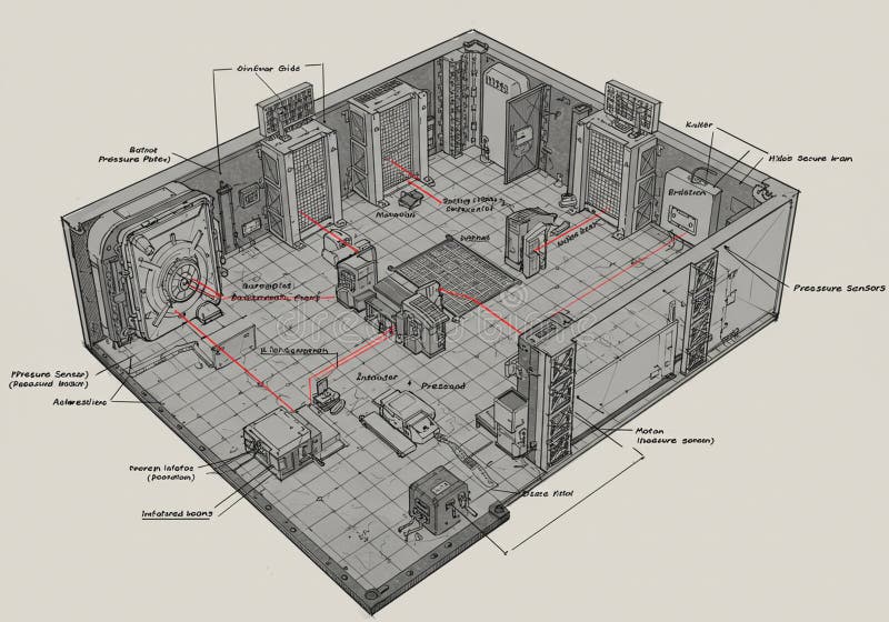 A Detailed Illustration of a Secure Room with Various High-tech ...