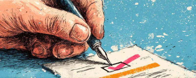 Handwriting with a Pen Completing a Marked Checkbox on Paper Stock ...