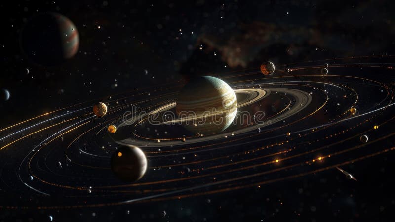 Detailed Illustration Showing the Planets, Moons, and Asteroids in the Solar System with ...