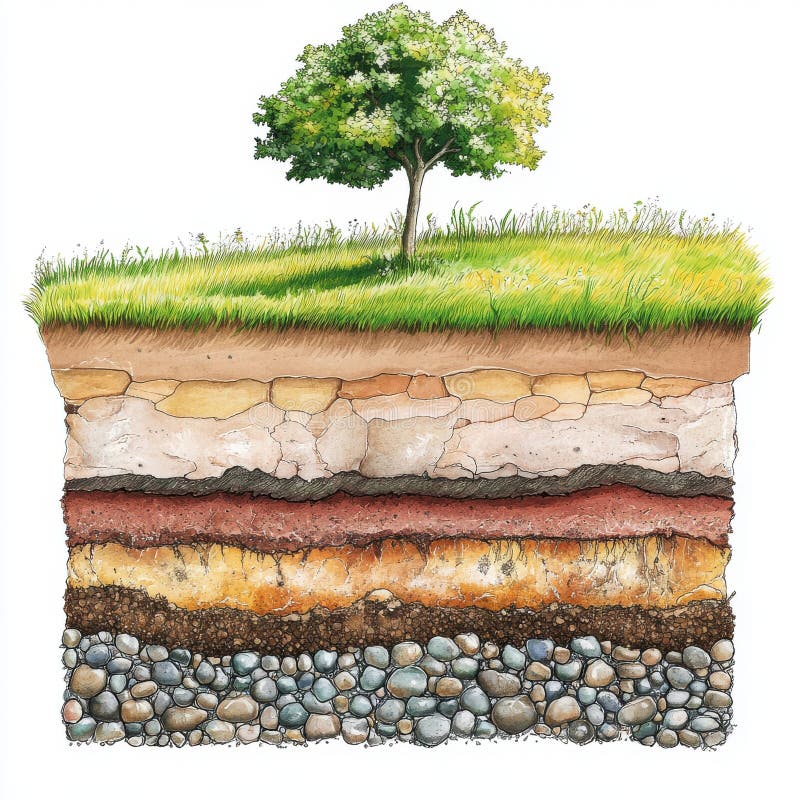 Detailed Illustration of Soil Layers and Tree Roots in Landscape Stock ...