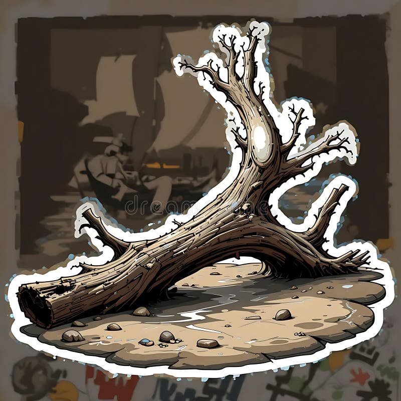 Detailed Illustration of a Stylized Driftwood Log Resting on a Sandy ...