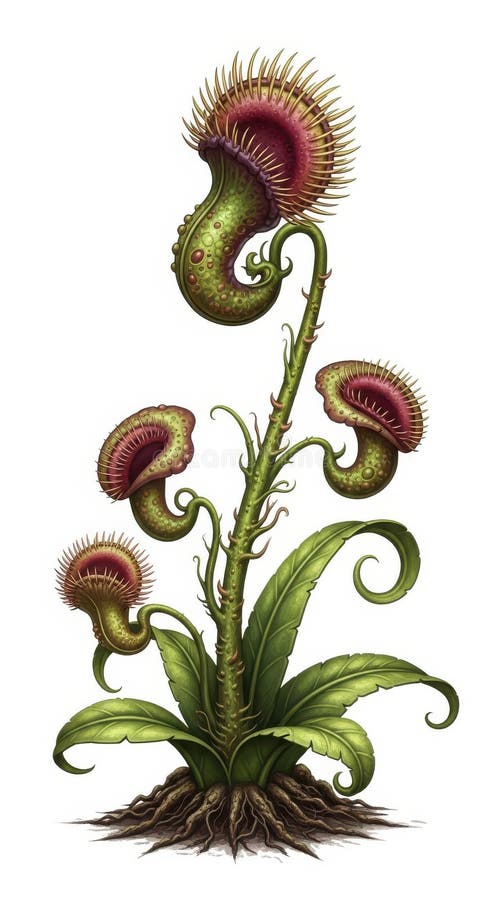 Detailed Illustration of a Venus Flytrap Plant with Multiple Traps and ...