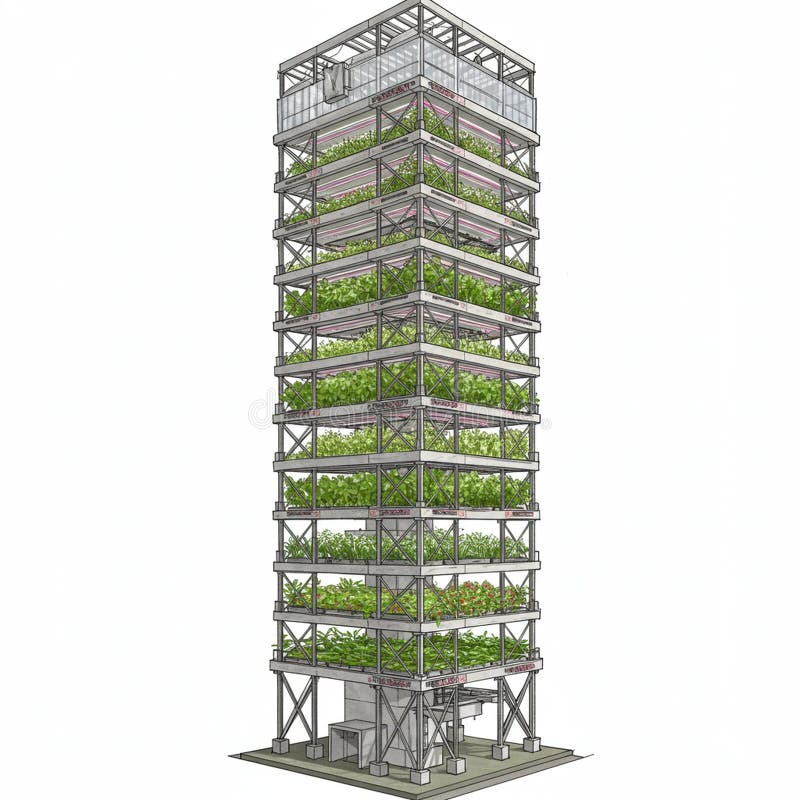A Detailed Illustration of a Vertical Farm, Comprising Multiple Stacked ...