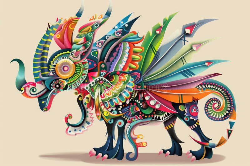 Detailed Illustration of a Vibrant Alebrije with Various Animal ...