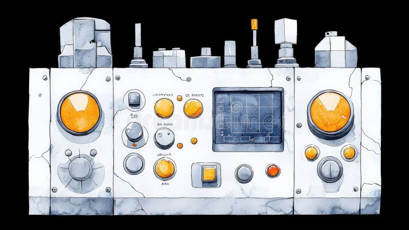 Detailed Illustration of a Vintage Control Panel with Buttons and Dials ...
