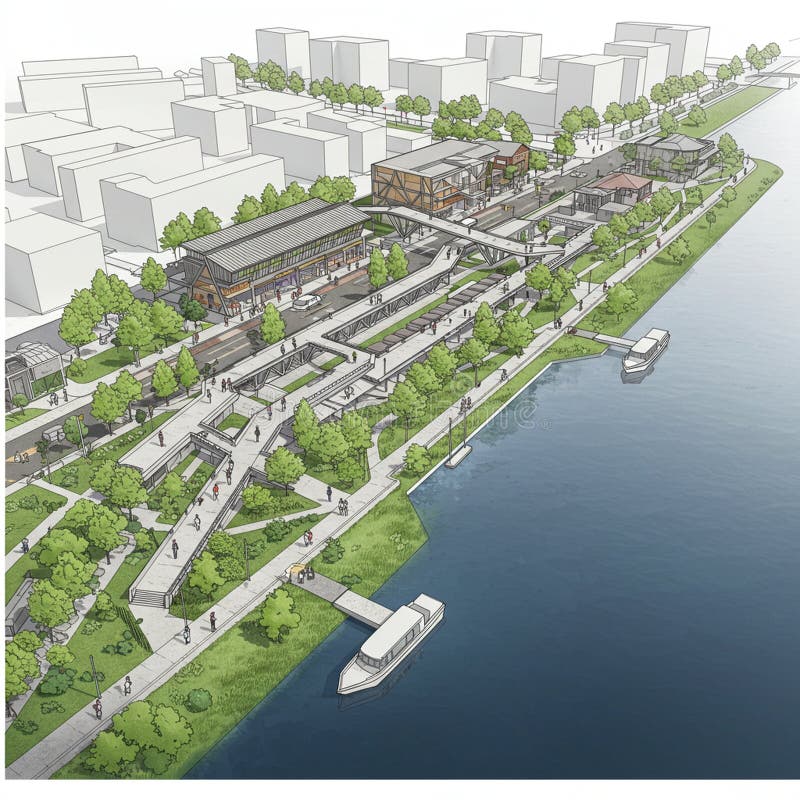 A Detailed Illustration of a Waterfront Urban Development. Featuring a ...