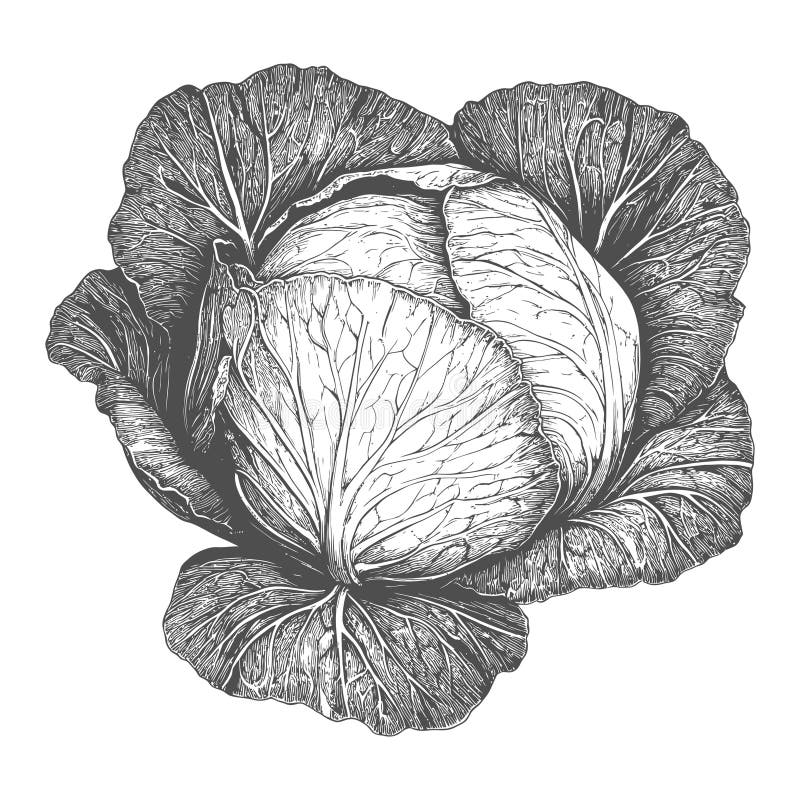 Intricate Hand-Drawn Cabbage Illustration, Detailed Botanical Sketch ...